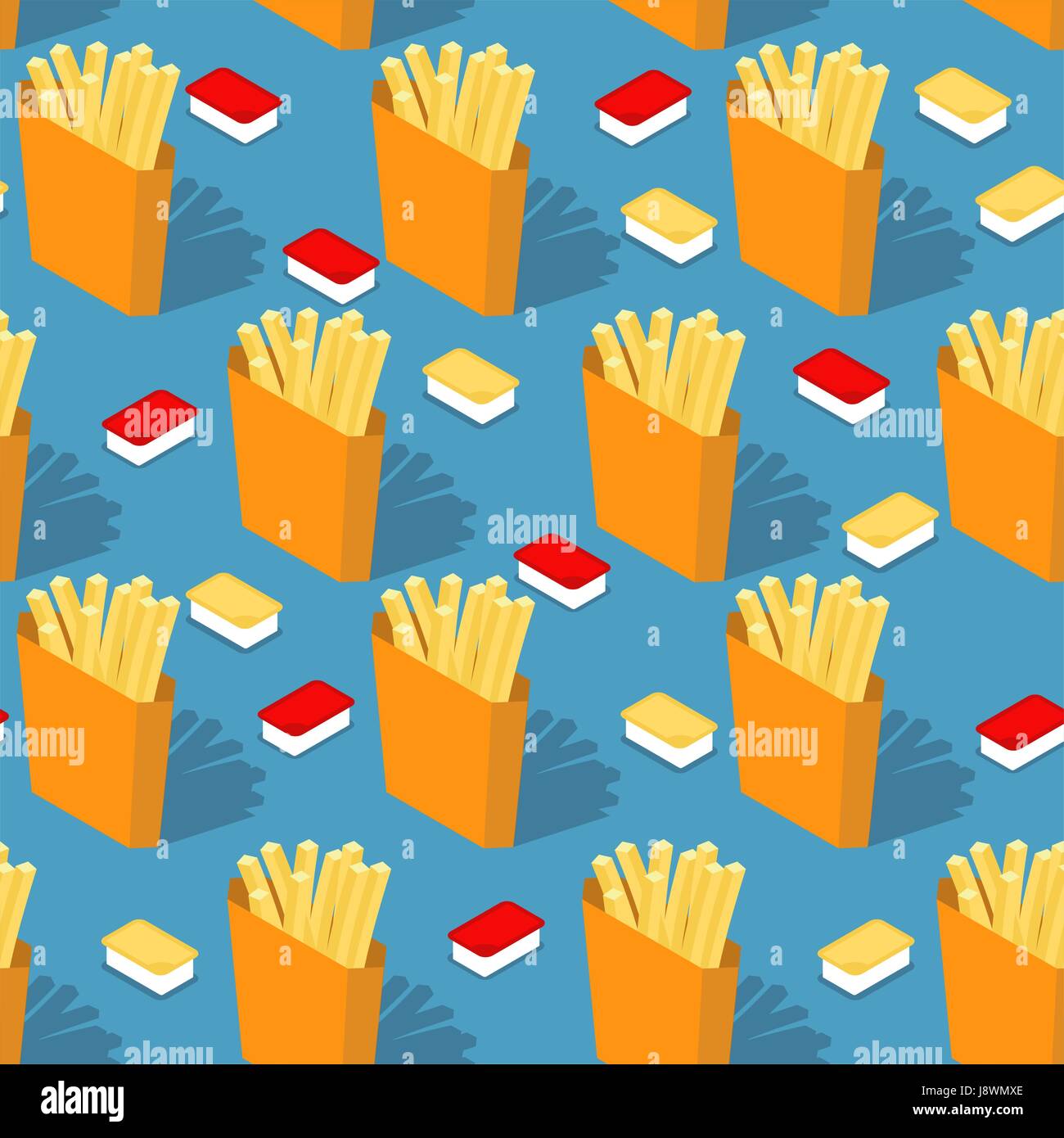 French fries in paper box seamless pattern. Fast food background ...