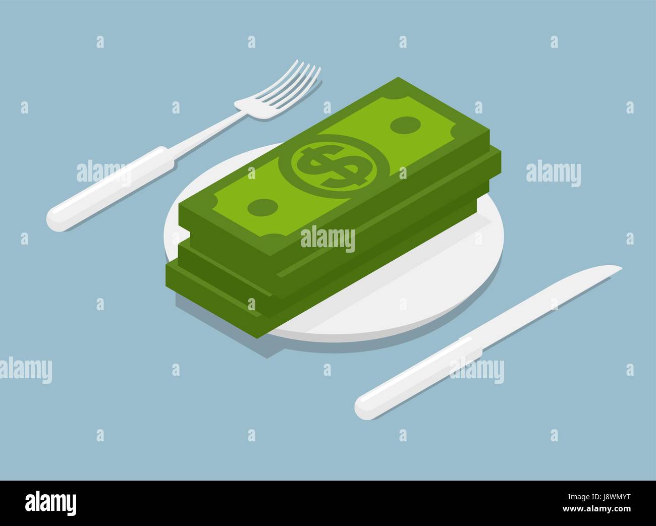 stack of money isometrics. 3D Cash on plate. Cutlery fork and knife ...