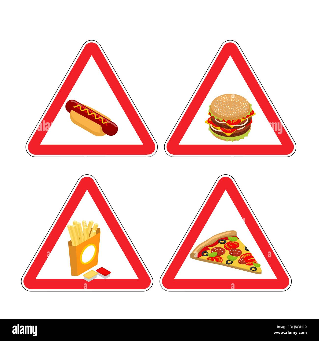 Warning sign of attention fast food. Dangers red sign hamburger. Hot ...