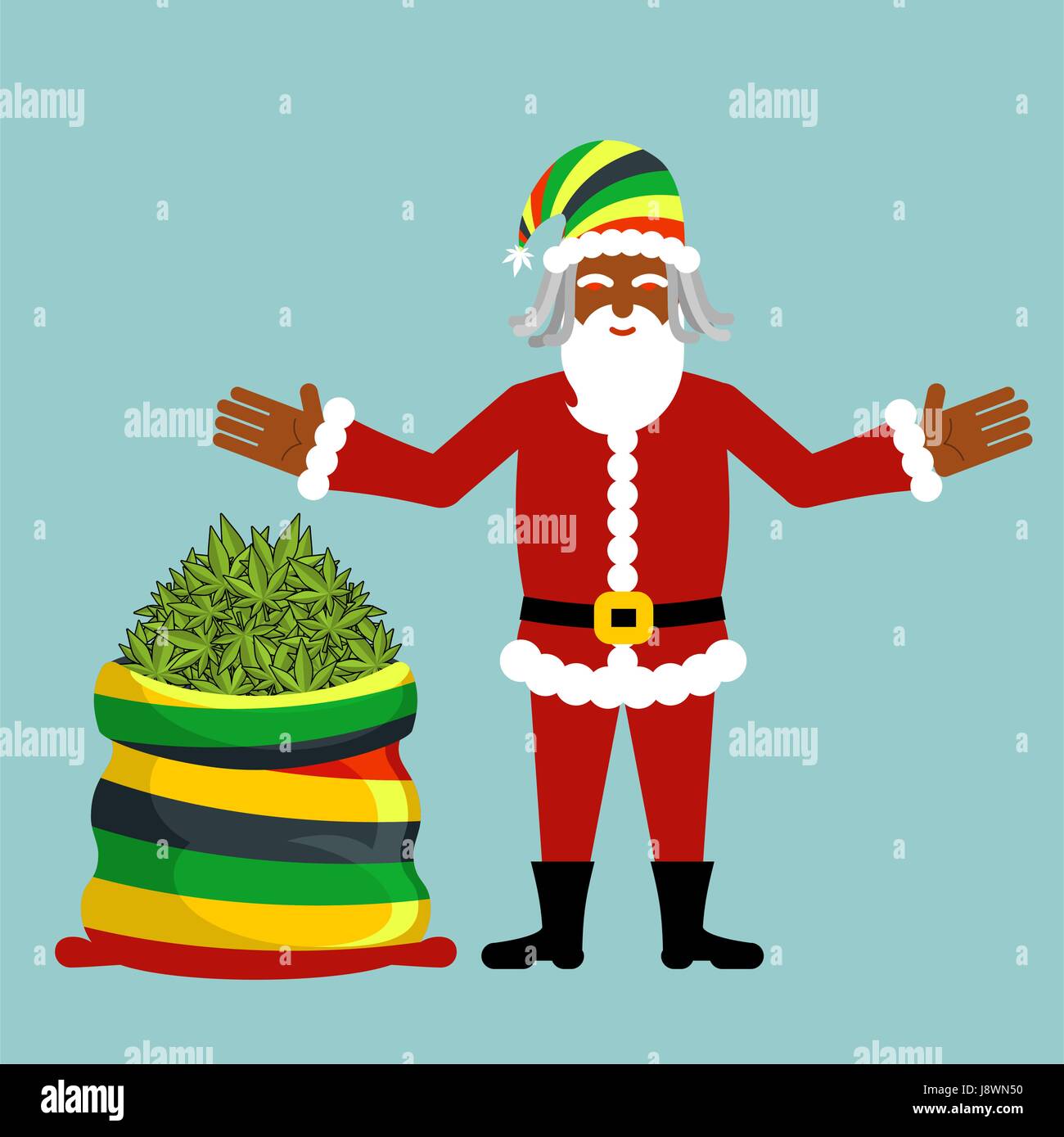 Rasta Santa Claus wishes. Big santas sack hemp . Bag of marijuana. Pile ...