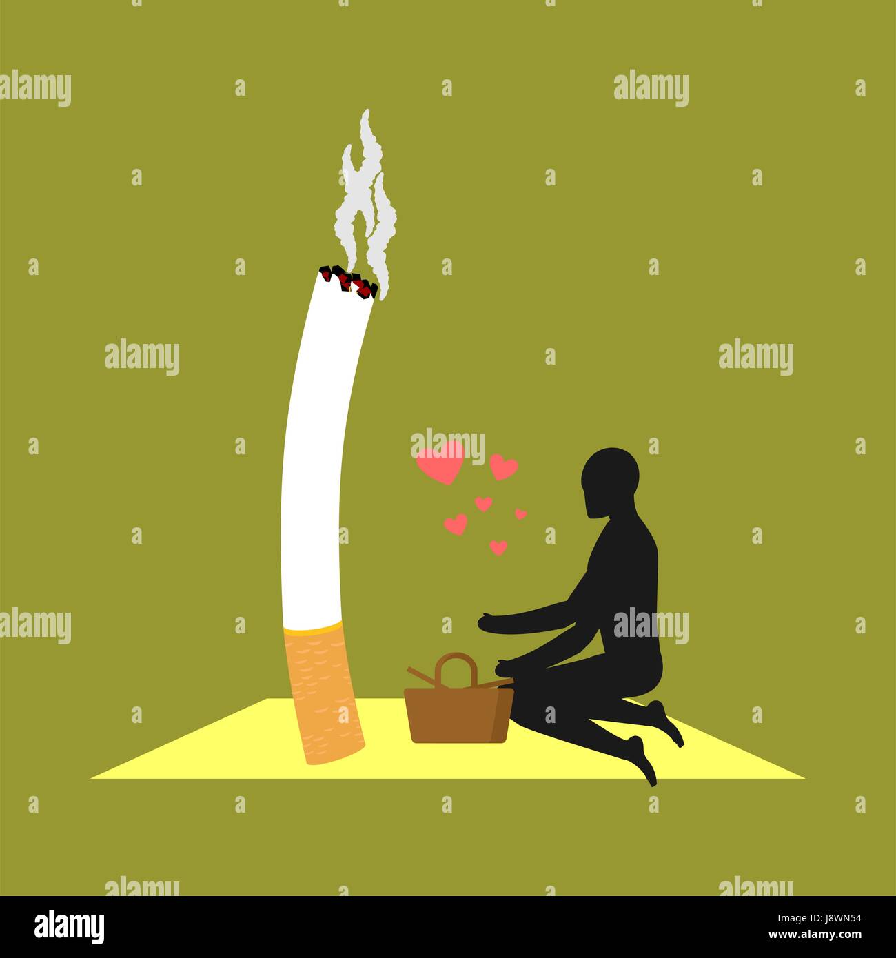 Lover smoke. Man and cigarette on picnic. Smoker in nature. Nicotine ...