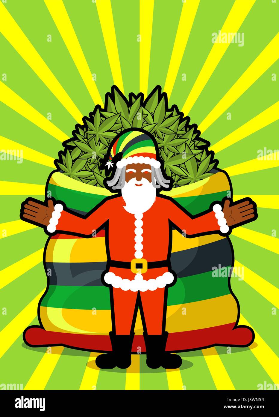 Rasta Santa Claus wishes. Big Red sack hemp. Bag of marijuana. Pile of ...