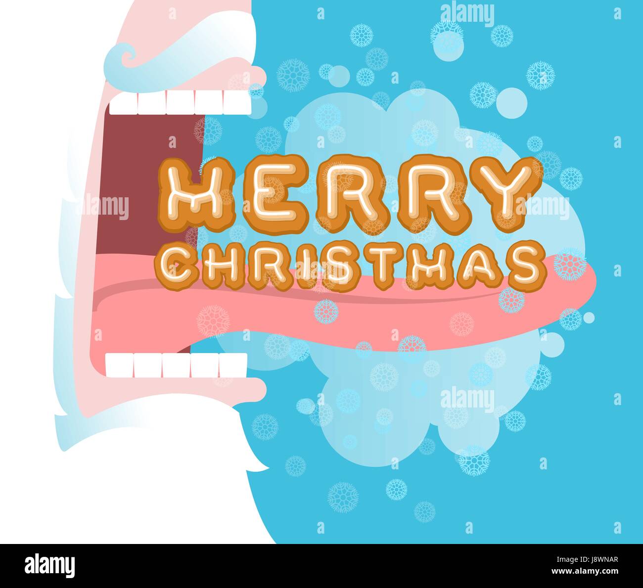 Santa Claus open mouth. Santa eating gingerbread on Christmas. Steam ...
