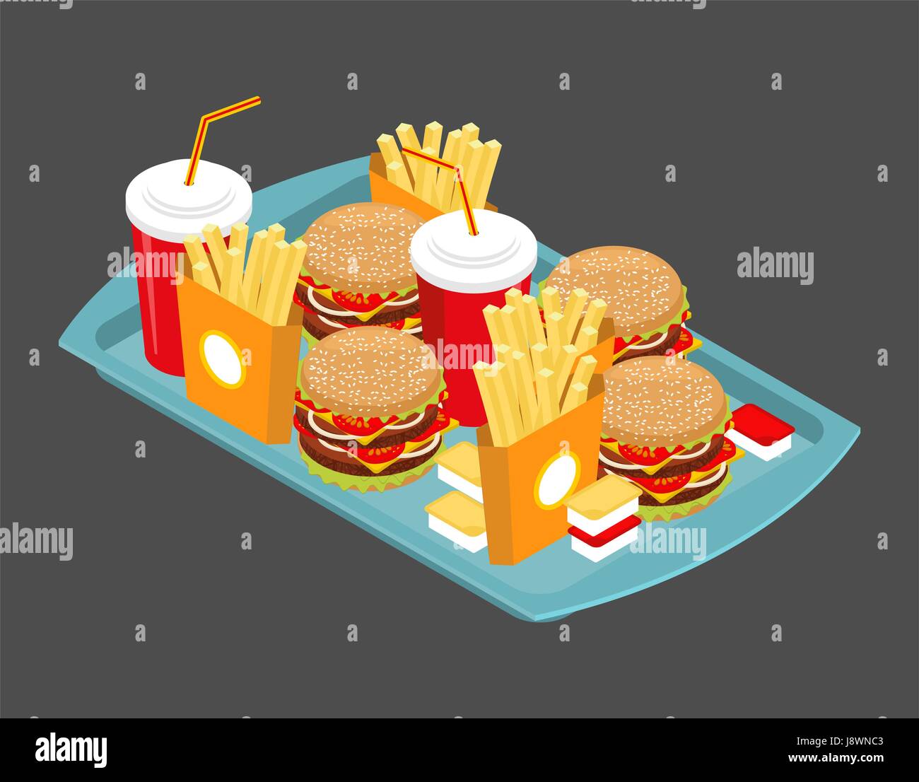Fast food big set. Many meal on tray. Frying potatoes. Big hamburger ...