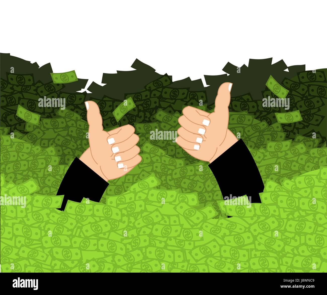 Lucky in ocean of money. Cash Waves swept person. Wealth. Luxury and ...