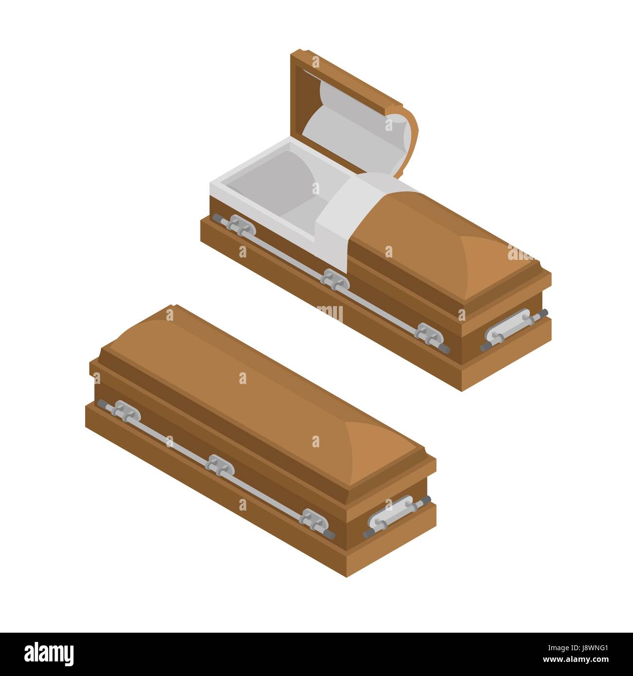 Coffin isometrics. Wooden casket for burial. Open and closed hearse ...