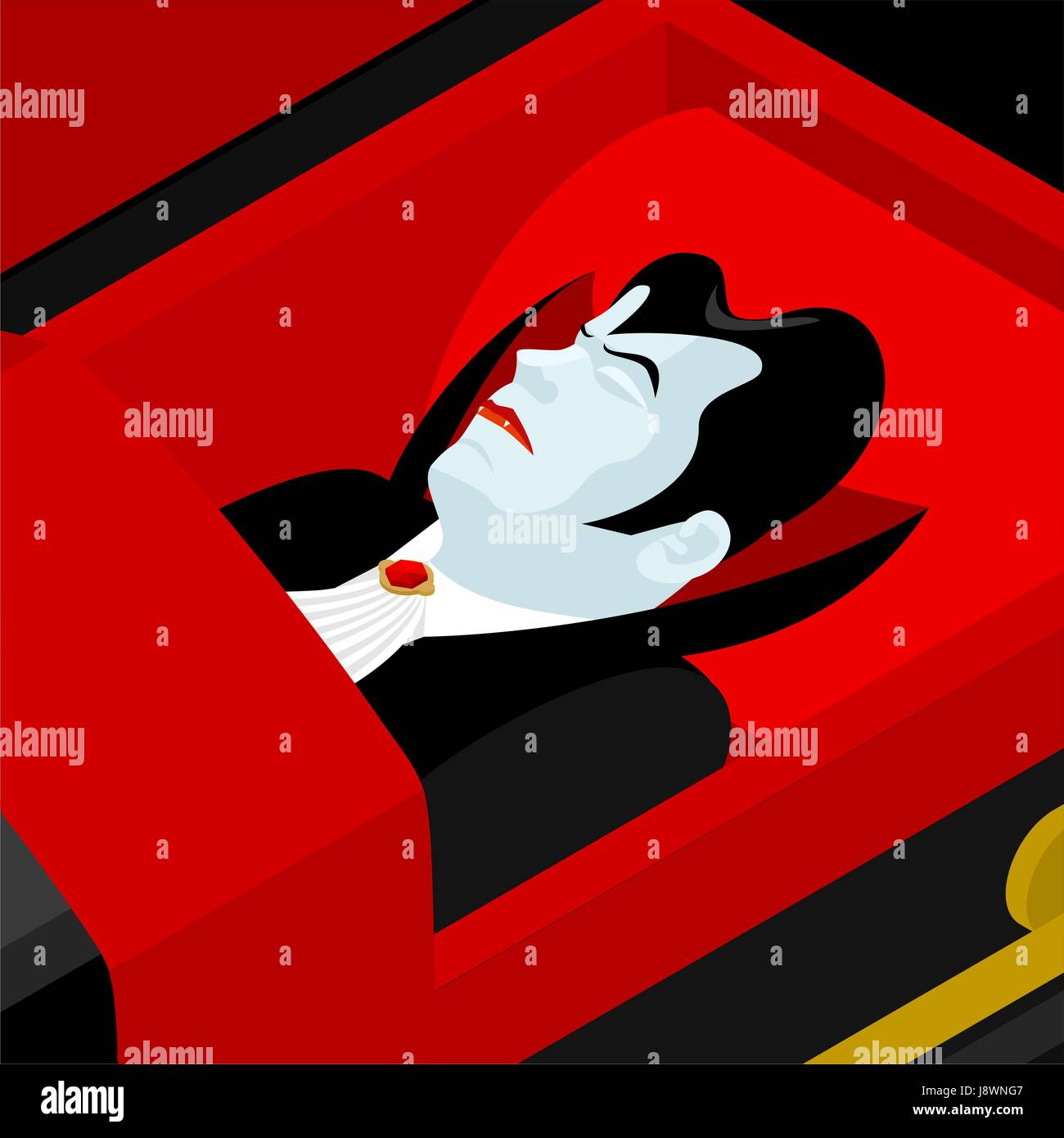 Dracula in coffin. Vampire Count in an open coffin. Ghoul in casket ...