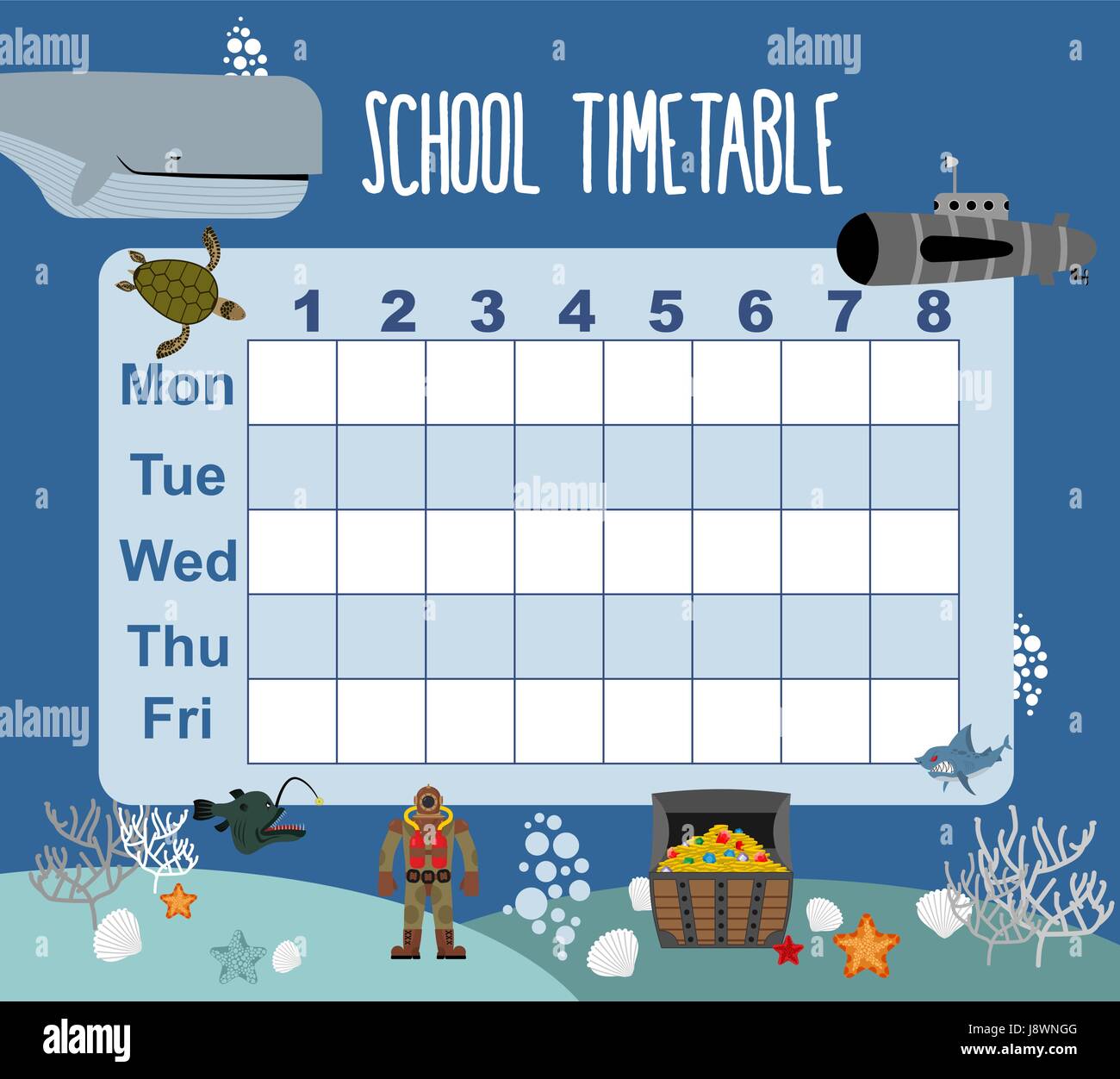 timetable. School schedule on underwater world. Days of week. sked for ...