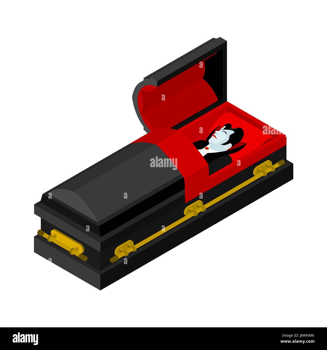 Dracula in coffin. Vampire Count in an open coffin. Ghoul in casket ...