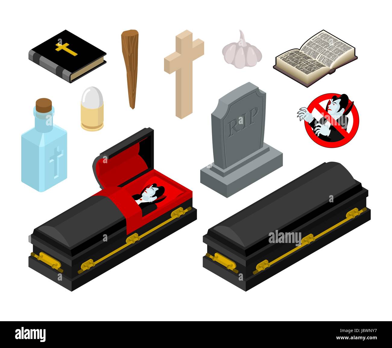 Dracula in coffin. Vampire Count in black casket. Anti vampires tools ...