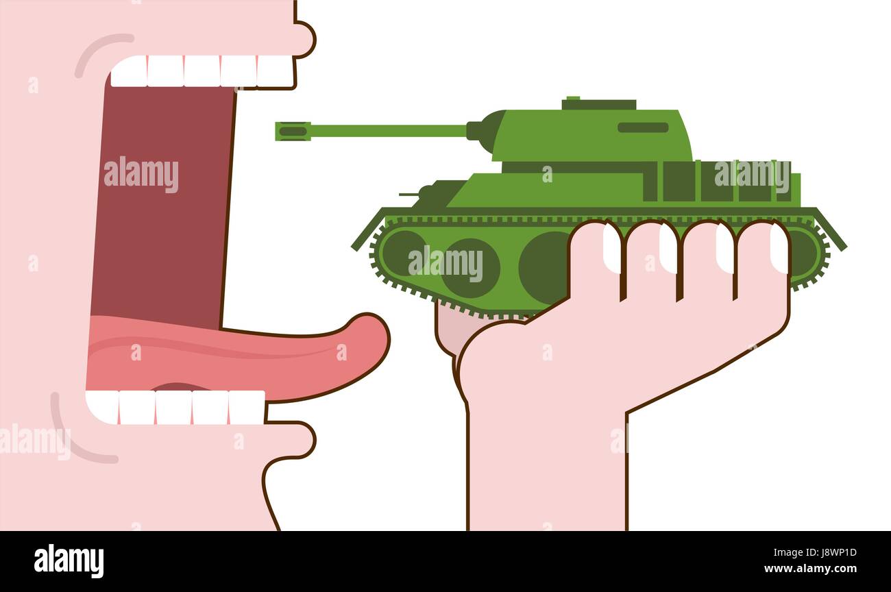 Man eating tank. Destruction of military transport. Open mouth with ...