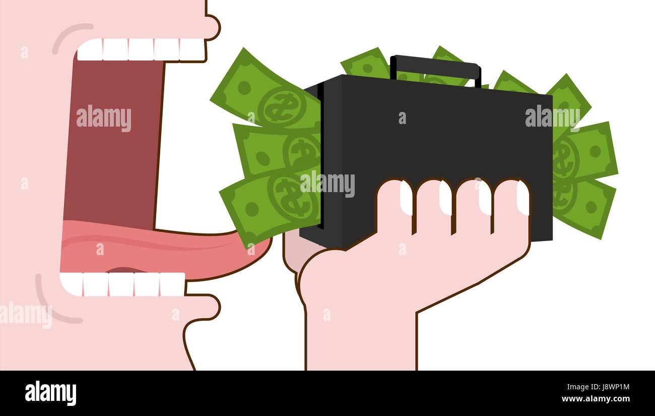 Man eating money. Destruction of suitcase with cash. Open mouth with ...