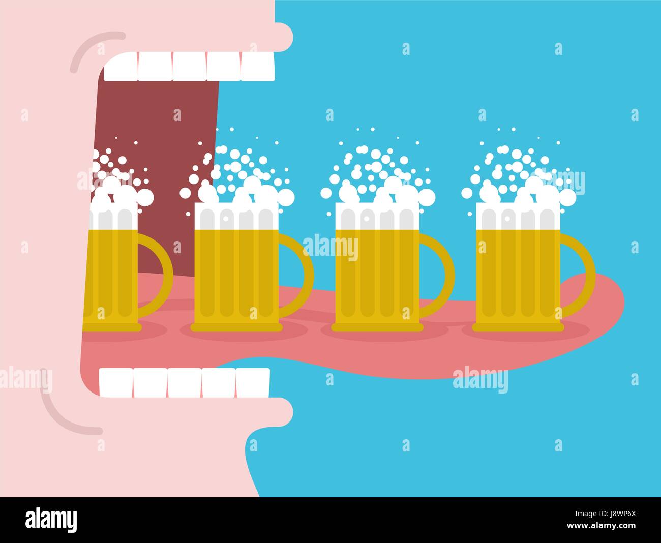 Alcoholism. Drinking many beer. Man drinks beer. Wide open mouth with ...