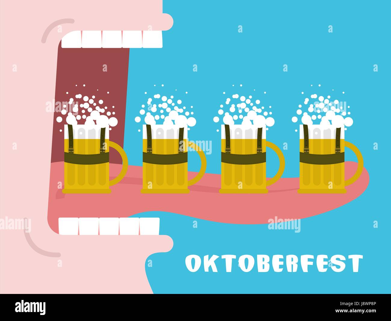 Oktoberfest poster. Drinking many mug of beer. Man drinks alcohol. Wide ...
