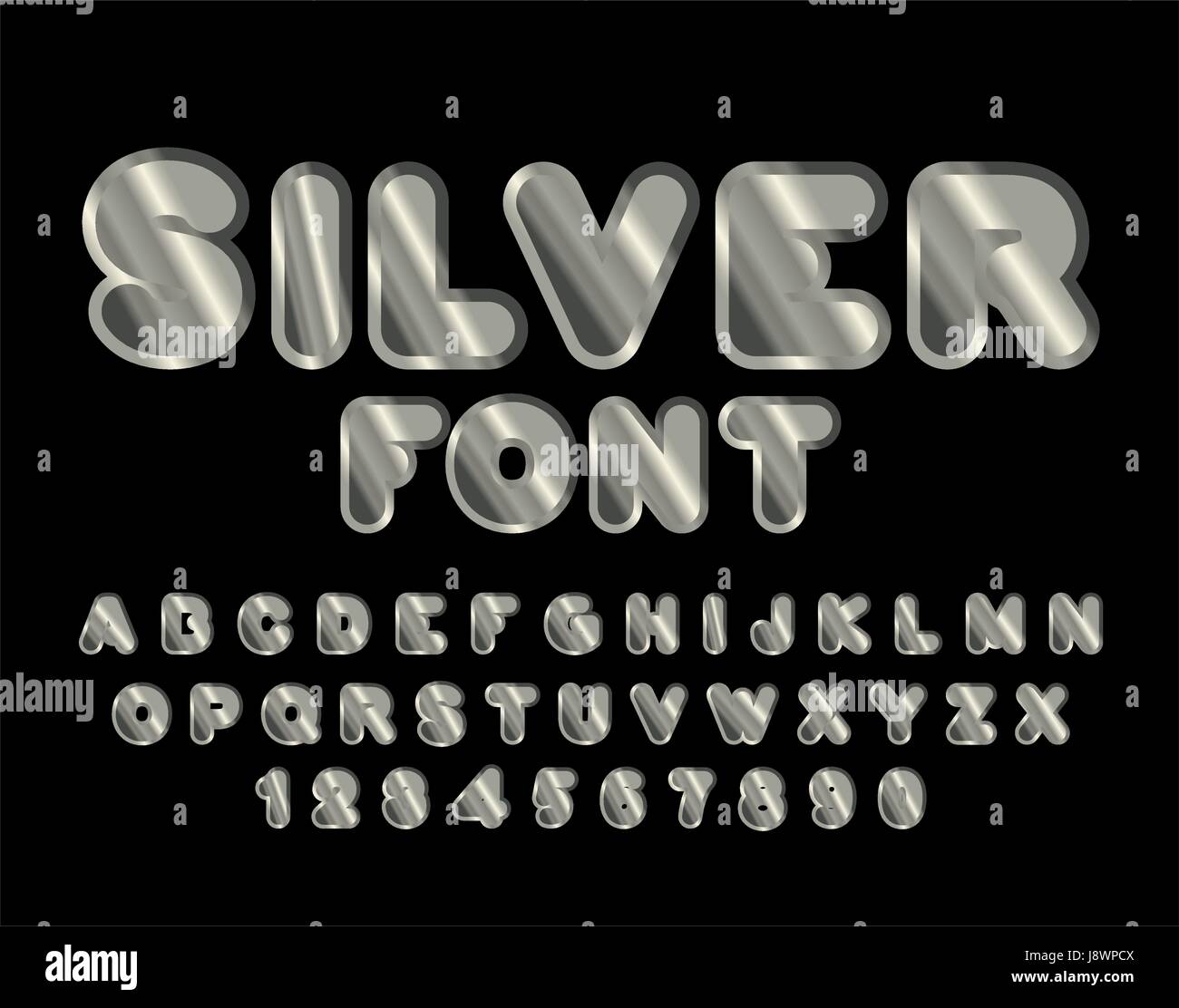 Silver font. ABC of argent. Precious metal alphabet. Metallic ...