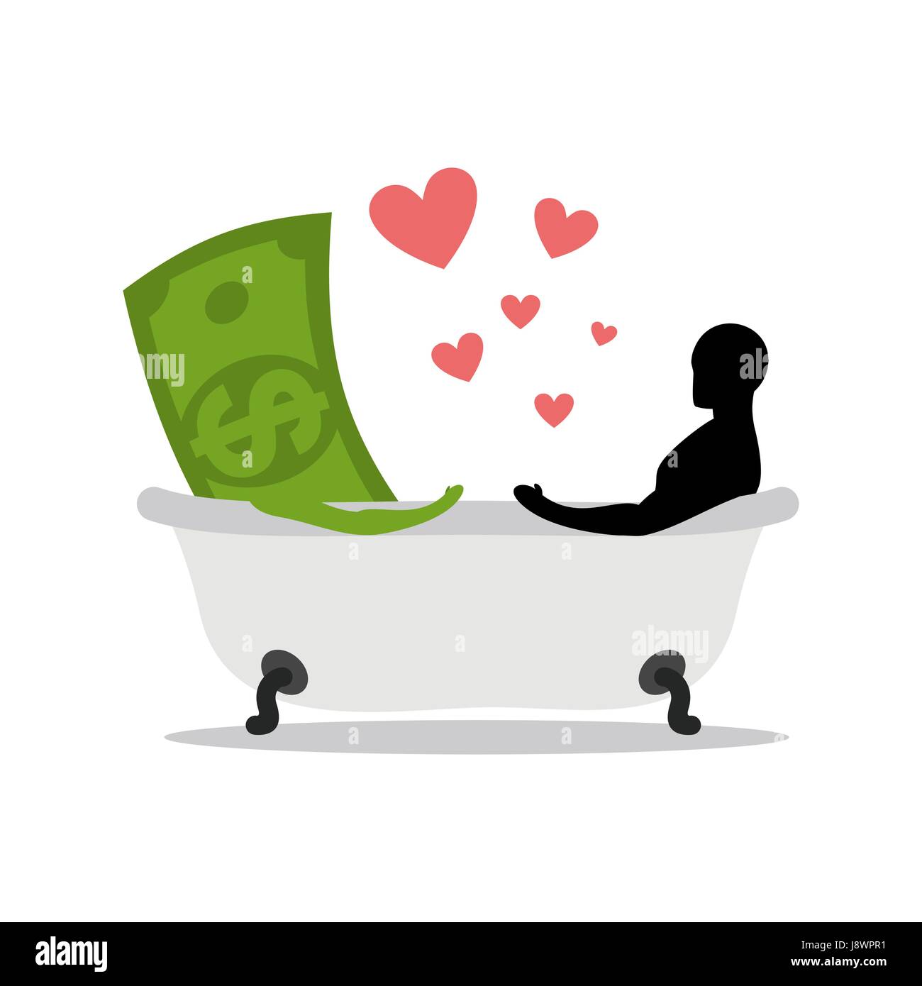 love of money. Dollar and man in bath. Man and cash washing in bath ...