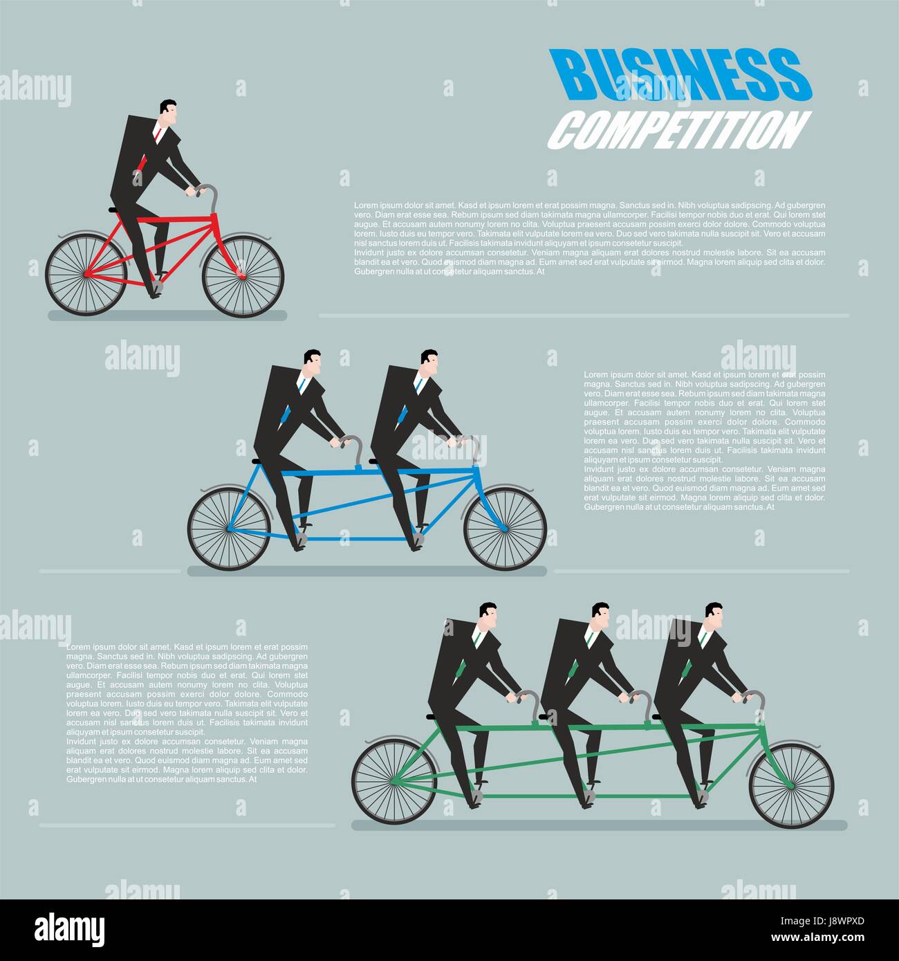 Business competition. Managers on bike. Business team goes on tandem ...