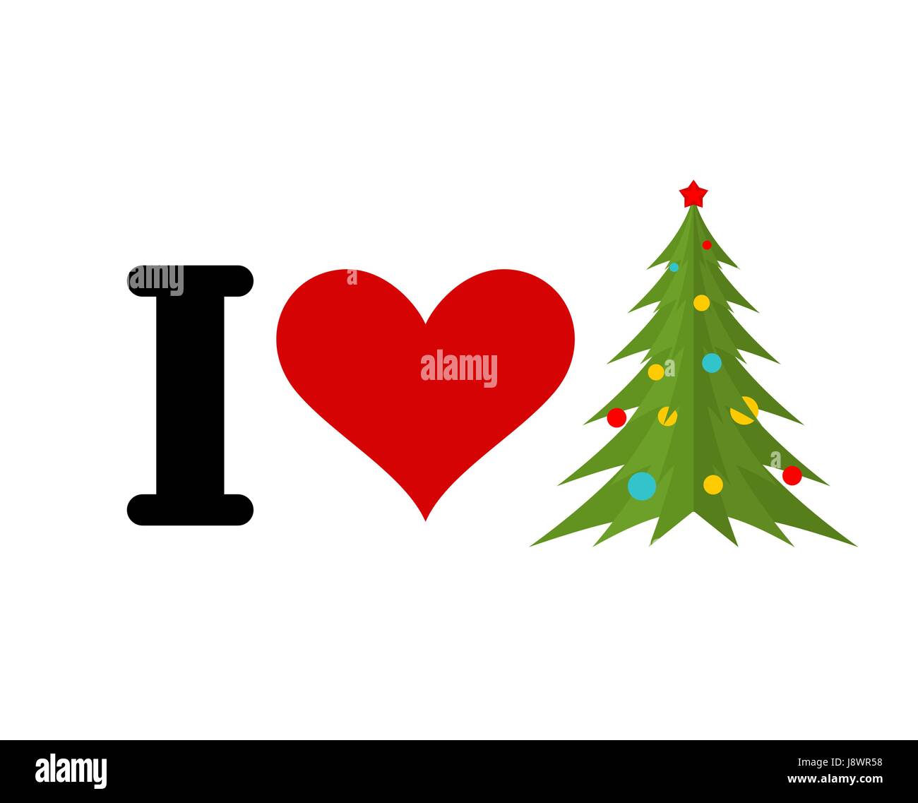 I love Christmas. Heart and Christmas tree. Festive fir-tree with balls ...