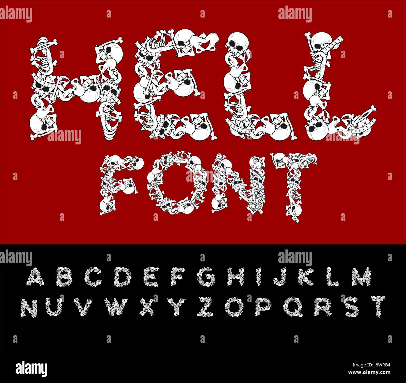 Hell font. Bones ABC. Skeleton Letters. Skull and spine. Jaw and pelvis ...