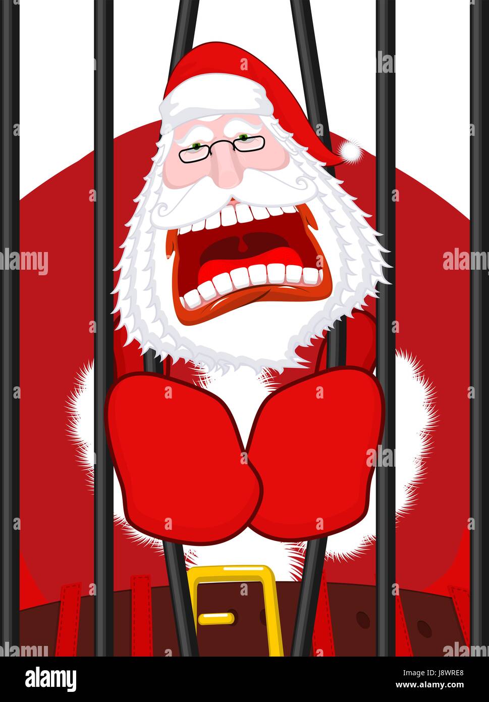 Santa Claus prisoner. Christmas in prison. Window in prison with bars ...