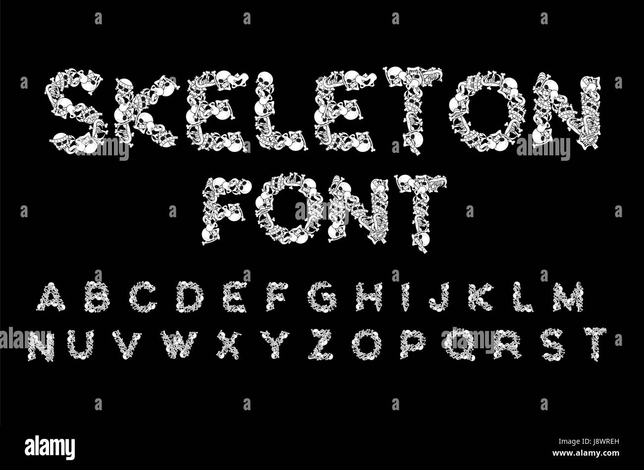 Skeleton font. Letters anatomy. Bones ABC. Skull and spine. Jaw and ...