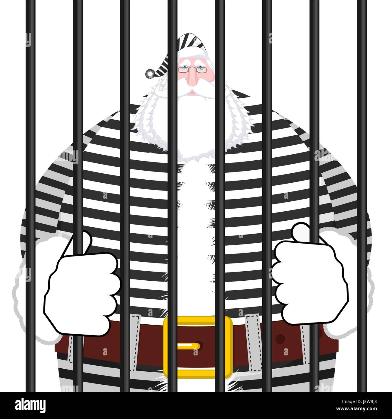 Santa Claus prison in striped robe. Window in prison with bars. Bad ...