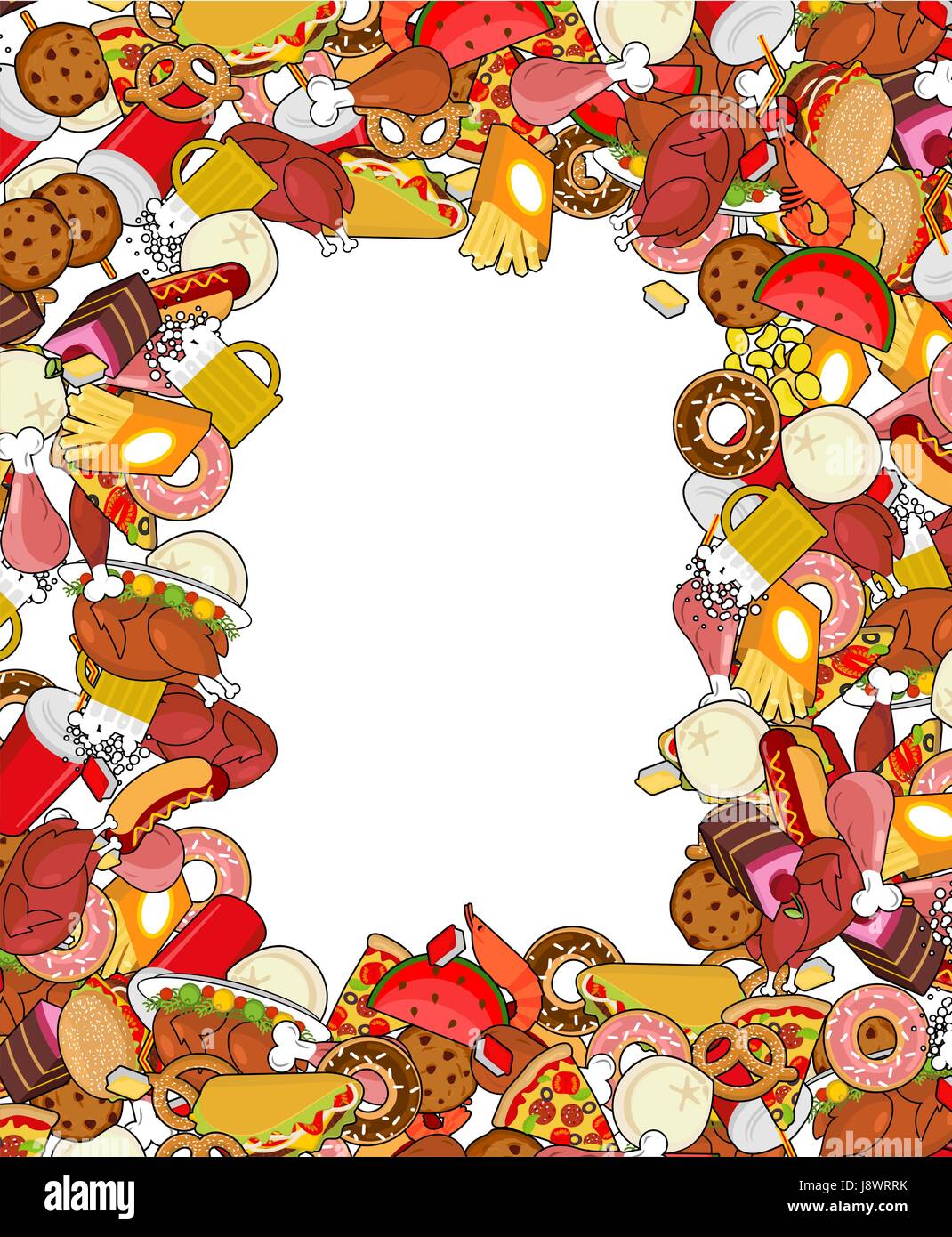 Food frame. Background of feed. Edible cadre. Pizza and tacos. French ...