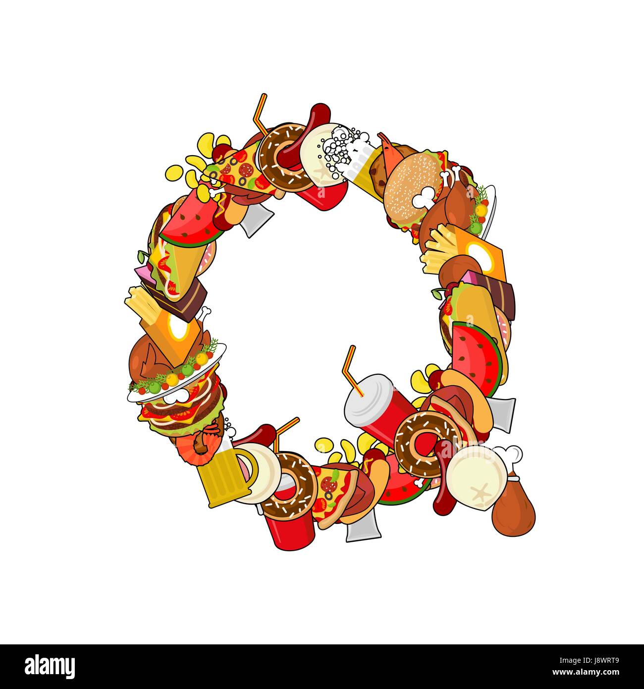 Letter Q food. Edible sign alphabet from pizza and hamburger. Feed ...