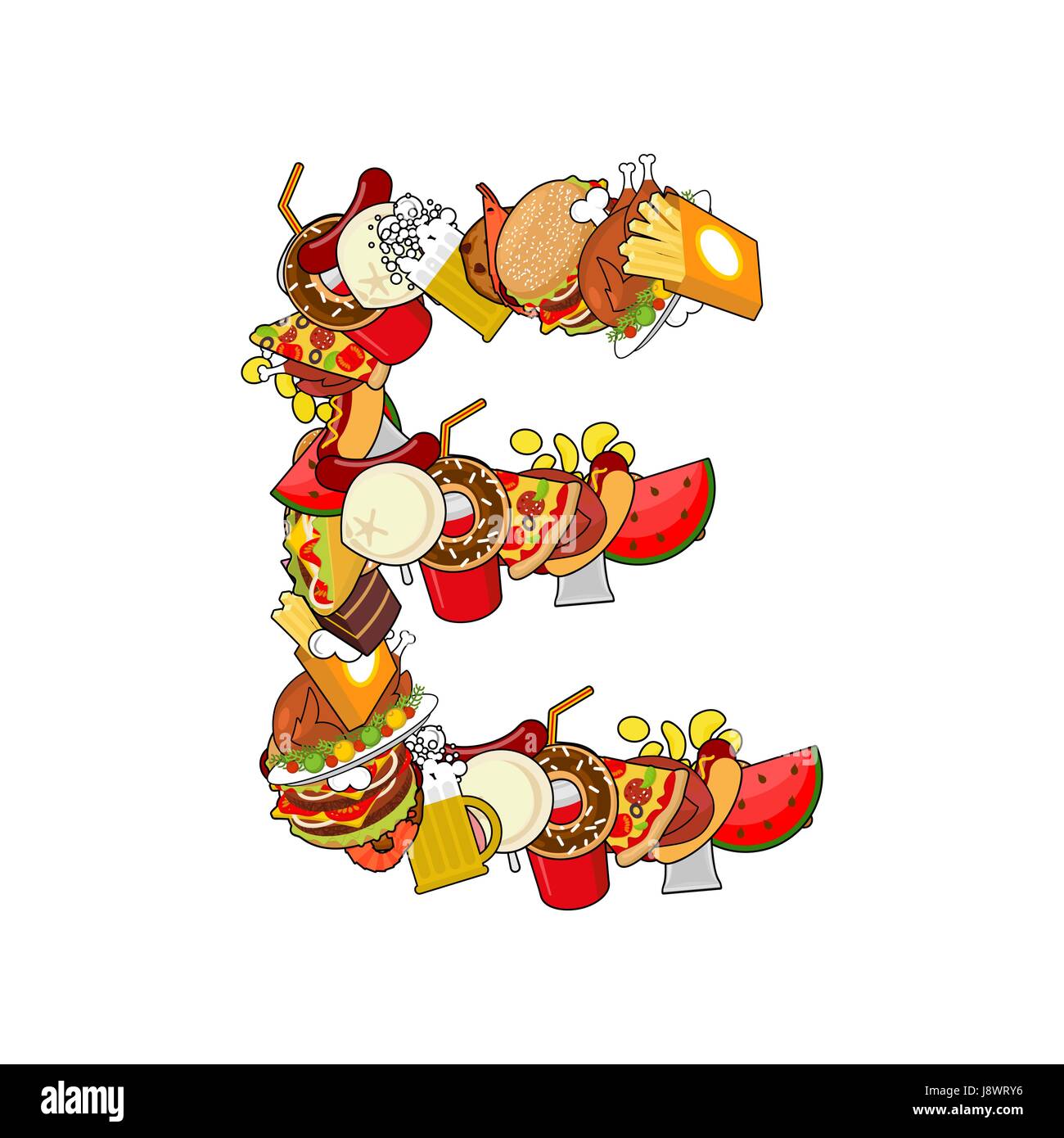 Letter E food. Typography sign from products. Edible template elements ...