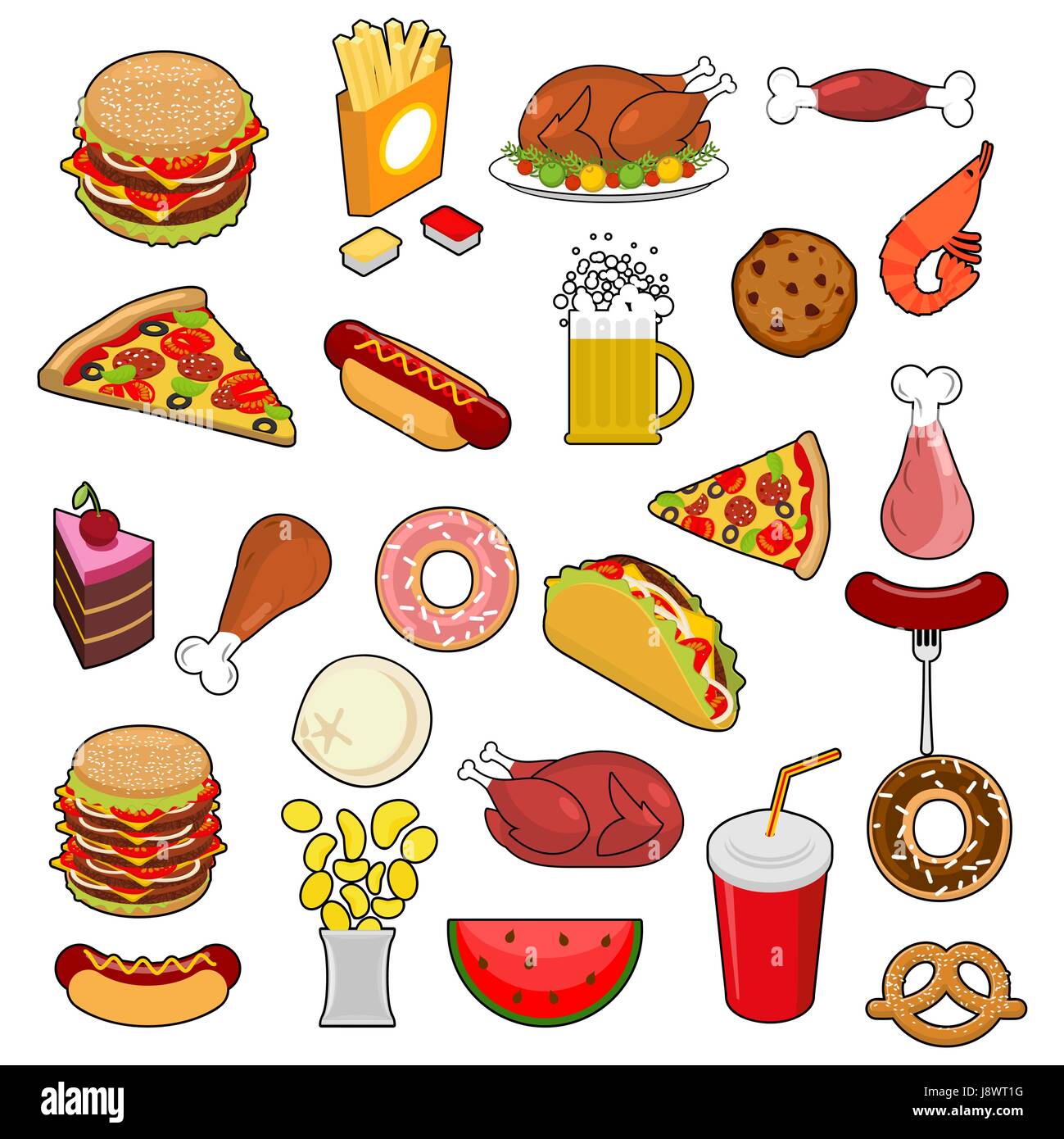 Fast Food big set. Signs of feed. Icon Collection of meat. Pizza and ...