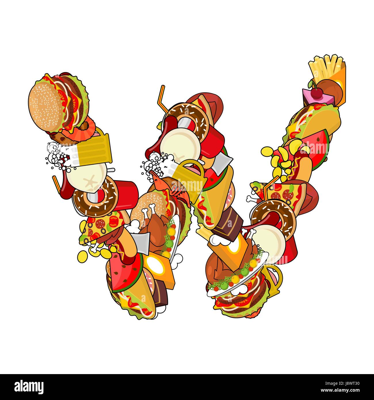 Letter W food. Edible sign alphabet from pizza and hamburger. Feed ...