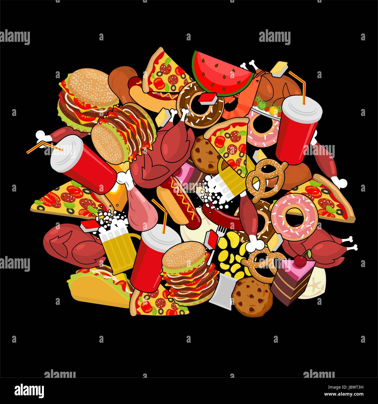 Fast Food doodle. many feed. Pile sign of meat. Pizza and tacos. French ...