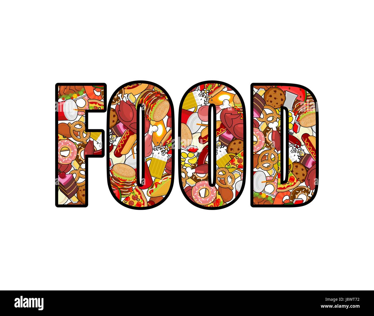 Food typography. Letters of feed. Lettering of meat. Pizza and taco ...