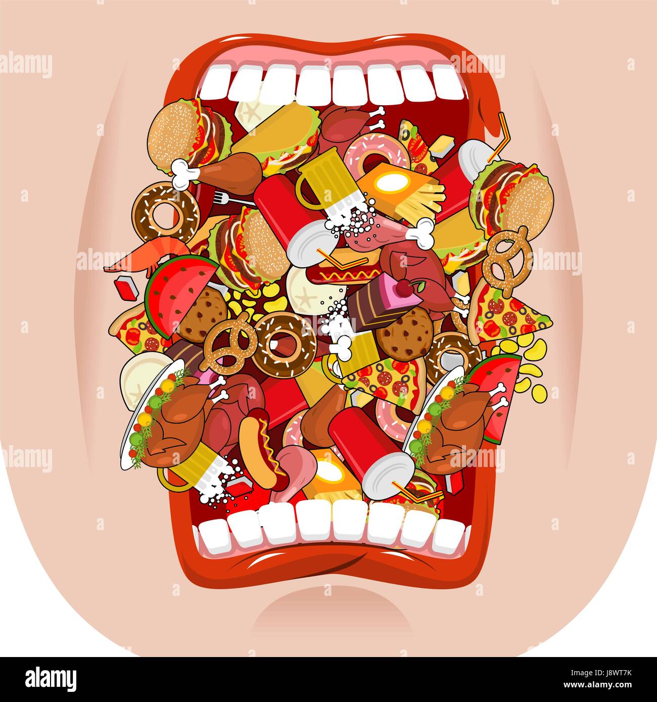 Widely open mouth lot of food. Absorption of feed. Eat many of meal ...