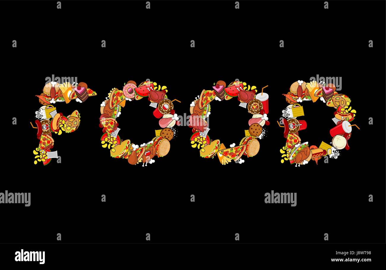 Food typography. Letters of feed. Lettering of meat. Pizza and taco ...