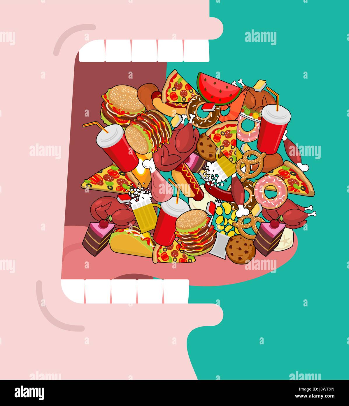 Widely open mouth lot of food. Absorption of feed. Eat many of meal ...