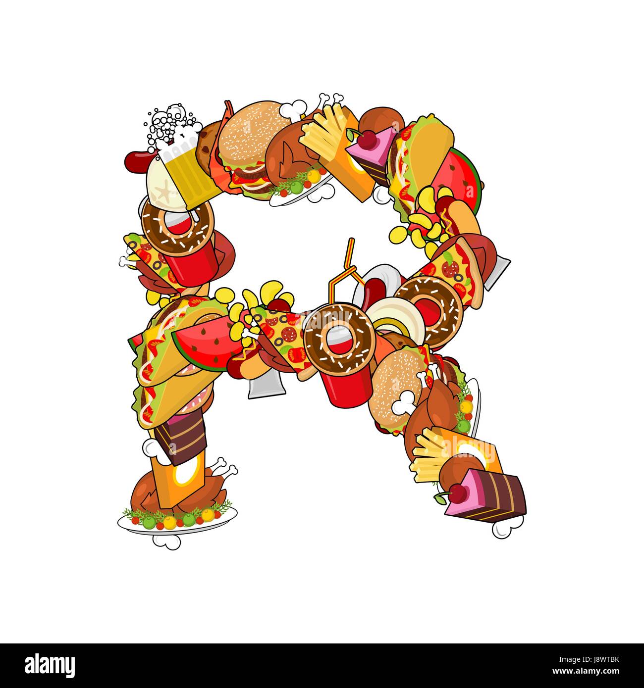 Letter R food. Edible sign alphabet from pizza and hamburger. Feed ...