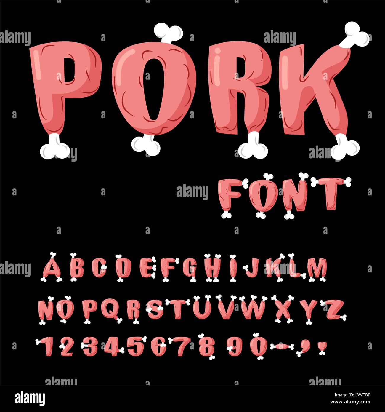 Pork font. Beef alphabet. Meat on bones of lettering. Ham ABC. Set ...