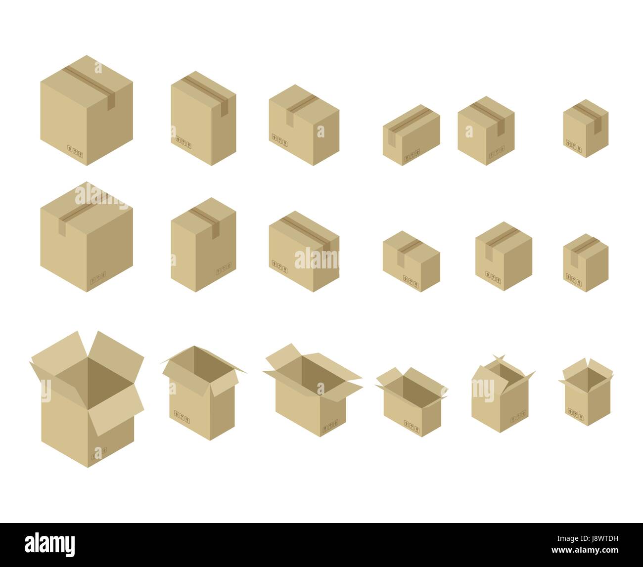 Cardboard box isometrics set. Different variants of shape and size of ...