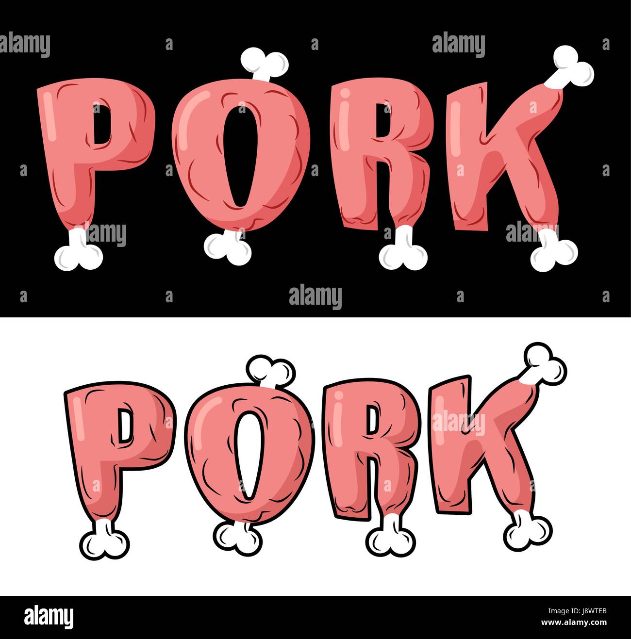 Pork text. Meat letters on white background. Meat on bone lettring. Ham ...
