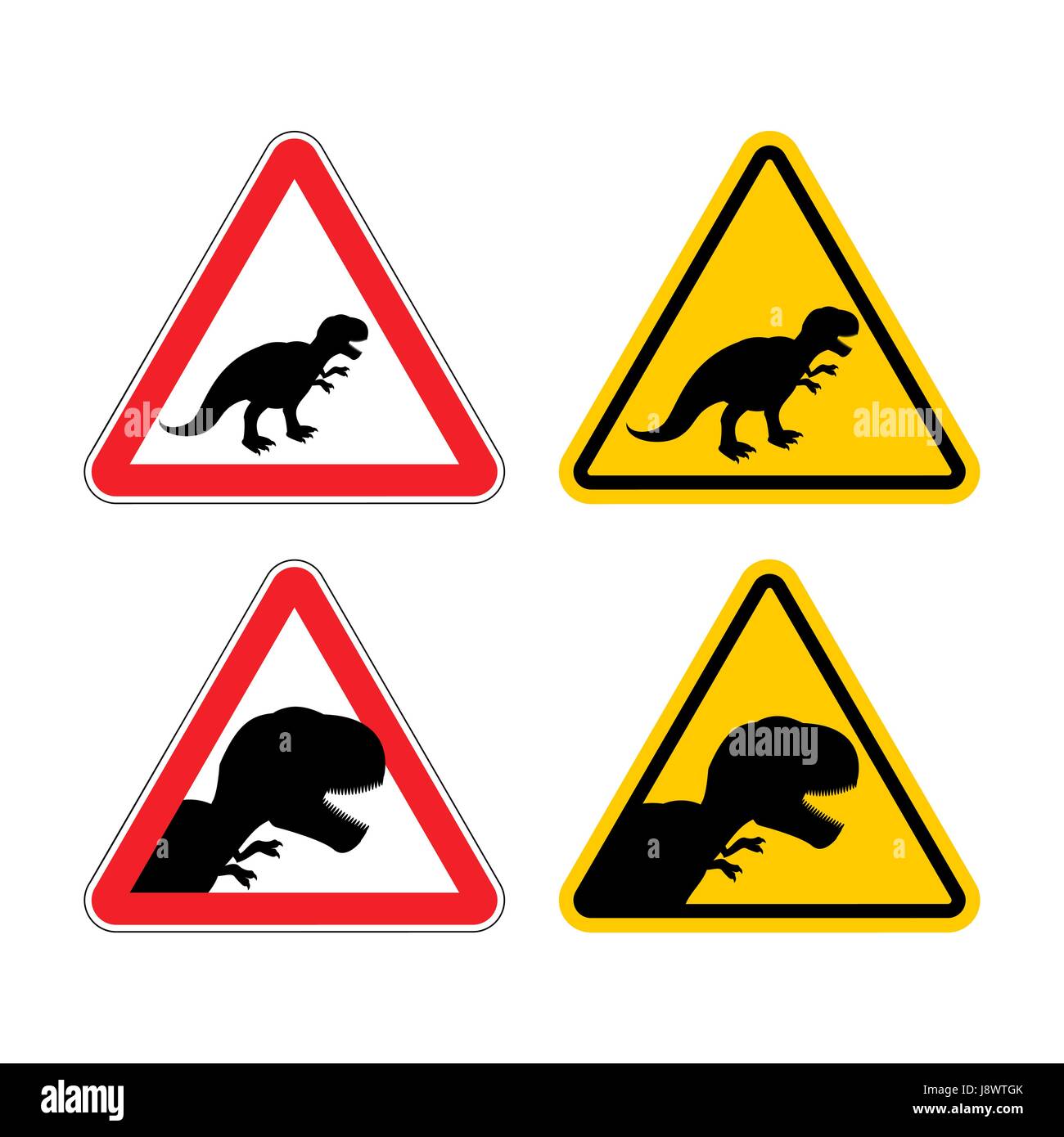 Warning sign of attention dinosaur. Dangers yellow sign Tyrannosaurus ...