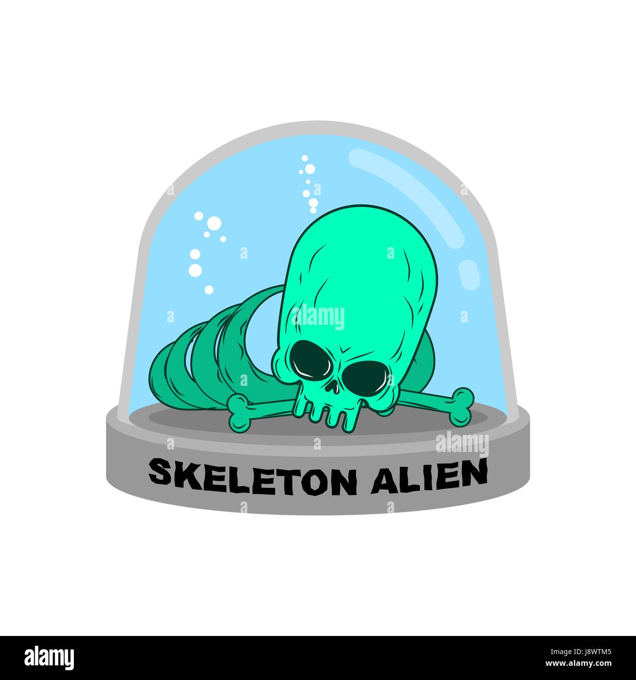 Skeleton alien in Glass Bell. Bones UFO research. Skull alien humanoid ...