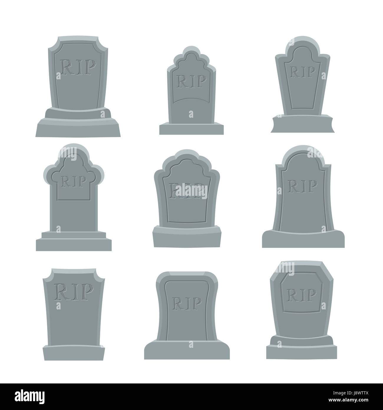 Tomb set. Ancient RIP. Collection of gravestones. Grave on white ...