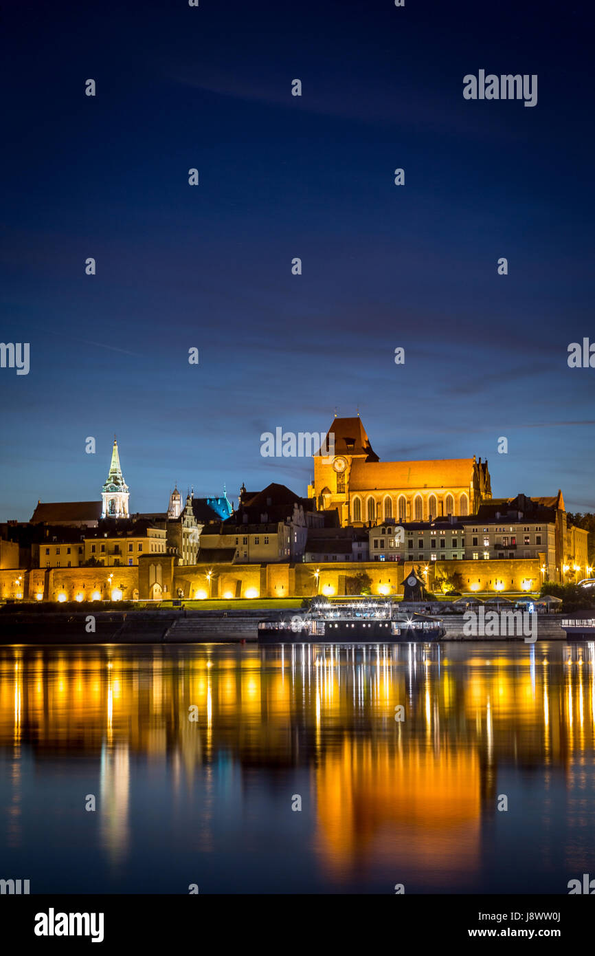 Night panorama of Torun, Poland, Old Town panorama with medieval towers ...