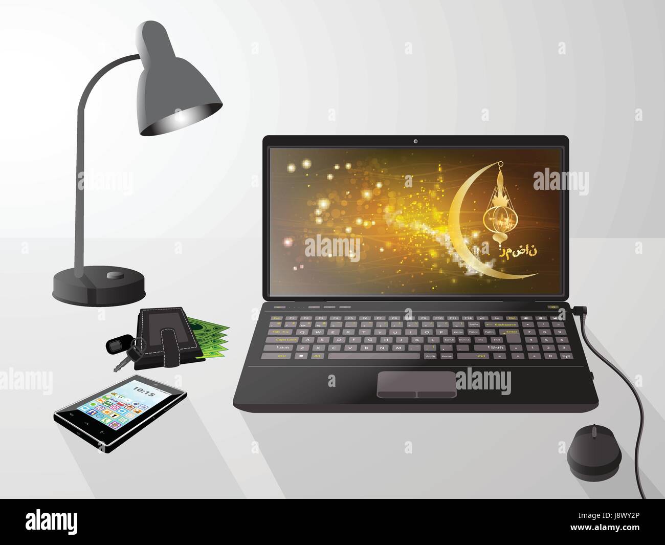 The lamp of Ramadan fire on the floor of the month. Laptop computer on ...
