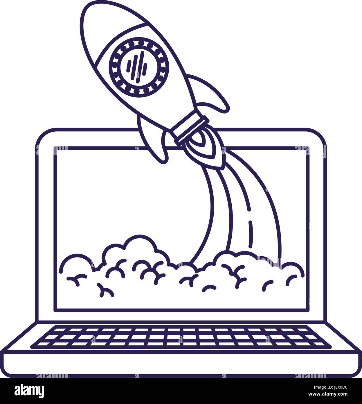 purple line contour of laptop computer and space rocket Stock Vector ...