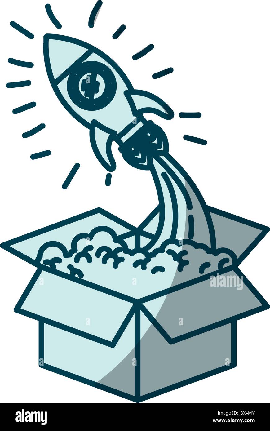 blue shading silhouette of space rocket coming out of the box Stock ...