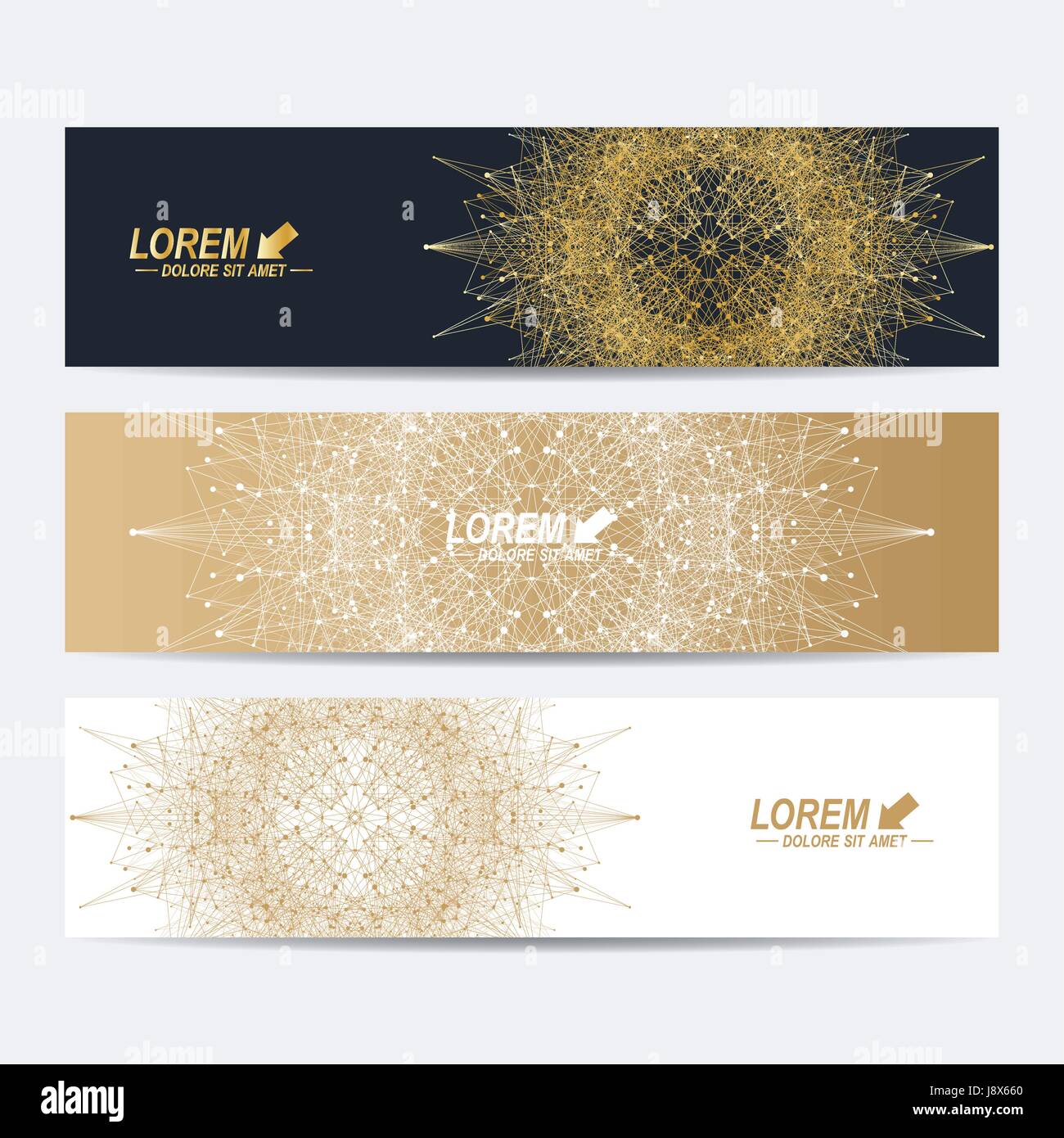 Geometric abstract banners with golden mandala. Molecule and ...