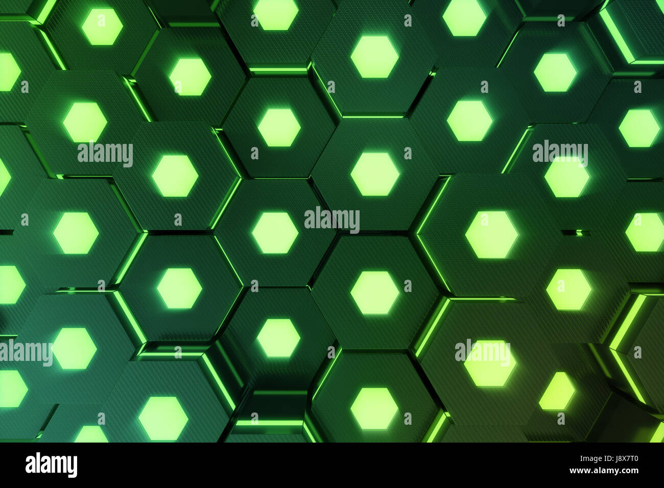 Abstract green of futuristic surface hexagon pattern with light rays ...
