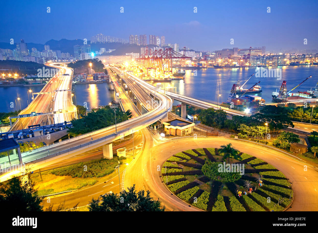 city, town, traffic, transportation, bridge, night, nighttime, motorway ...
